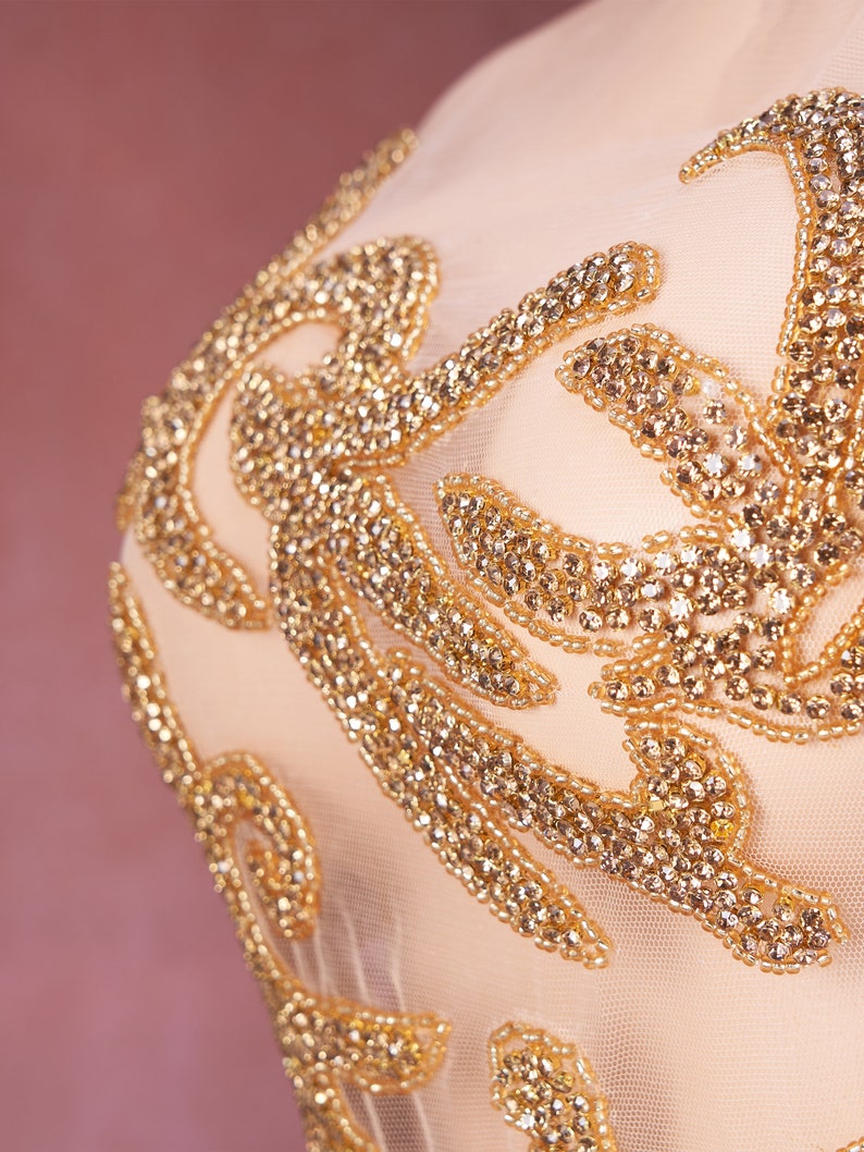 Gold Rhinestone Bodice Applique Bridal Dress, Crystals Hollow Floral ...