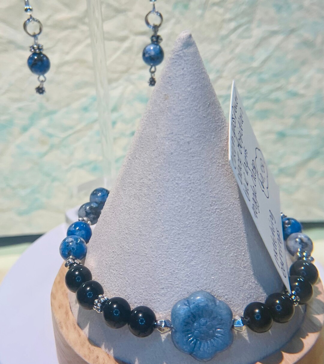Czech Glass Flower, Blue Lapis, and Black Obsidian Bracelet 7.58 With ...
