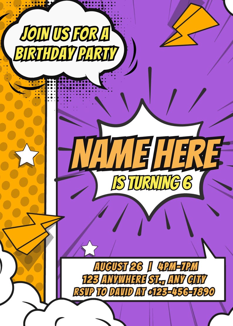 Superhero Comic Book Birthday Invitation Template, Customizable ...