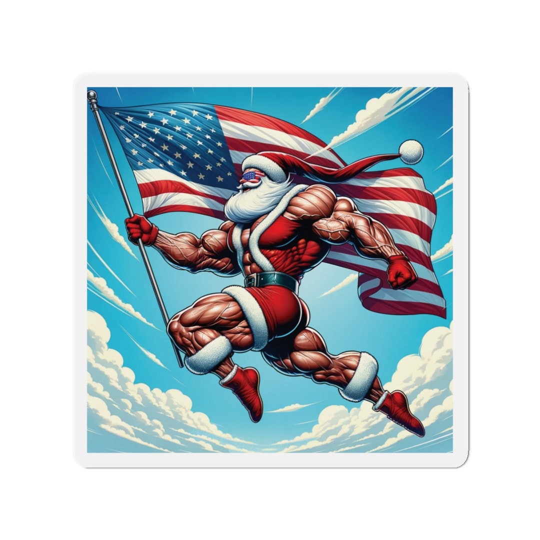 Christmas Bodybuilder Muscle Santa Claus Hat American Flag Pride Diecut ...