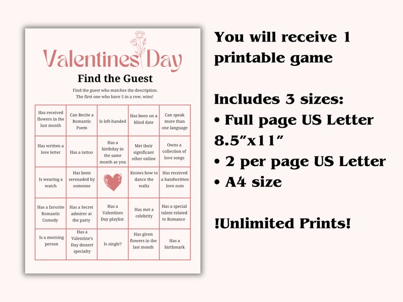 Printable Valentines Game,find the Guest Bingo, Conversation Starter ...