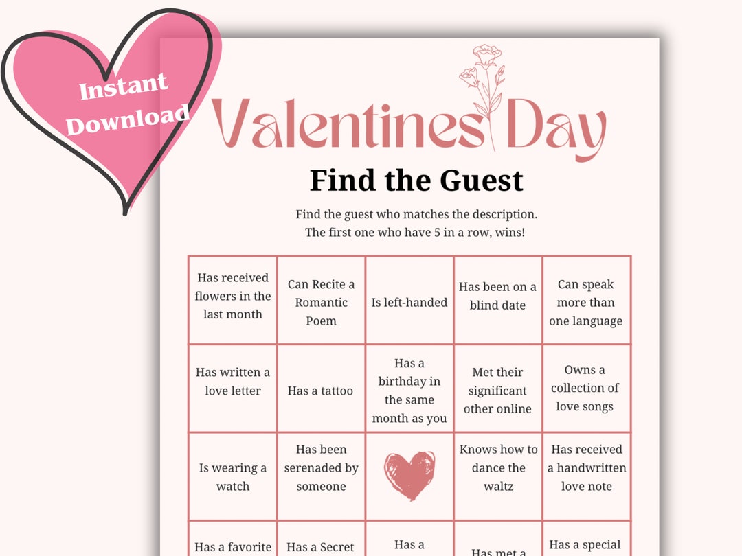 Valentines Day Find the Guest find the Guest Bingo, Conversation ...