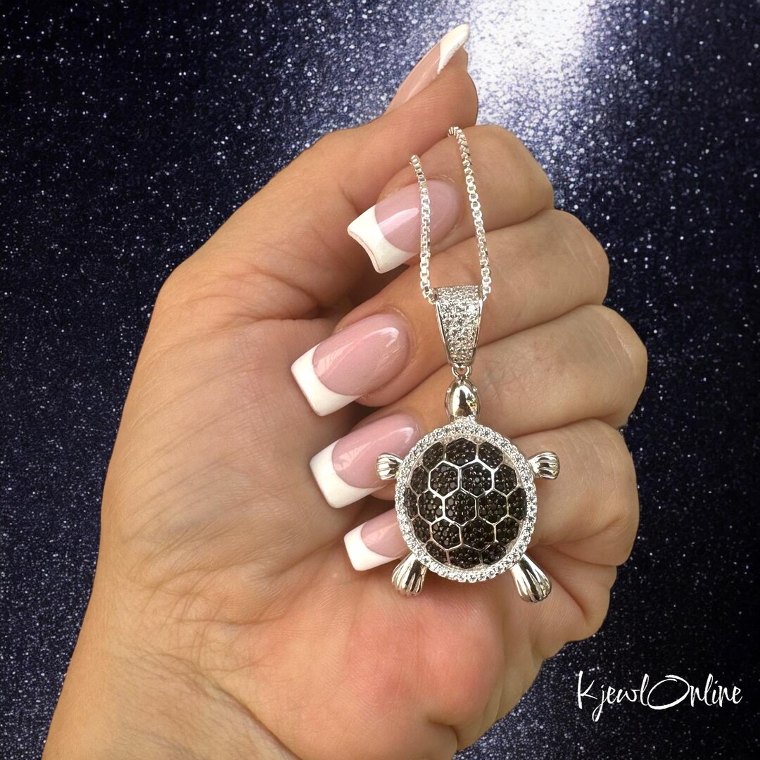 Icy CZ Turtle Pendant, 925 Sterling Silver, Black and White Sea Turtle ...