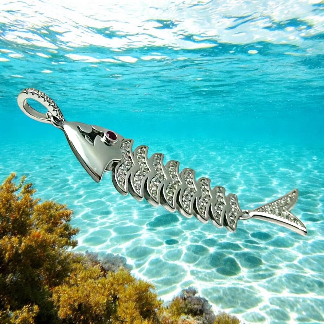 Silver Fishbone Pendant | Unique Cubic Zirconia Nautical Fish Necklace ...