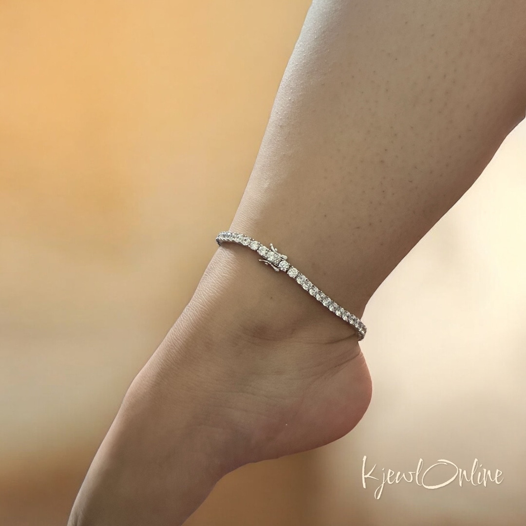 Silver Cubic Zirconia Diamond 9”- 10” Tennis Anklet Bracelet /real ...