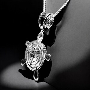 Icy CZ Turtle Pendant, 925 Sterling Silver, Black and White Sea Turtle ...