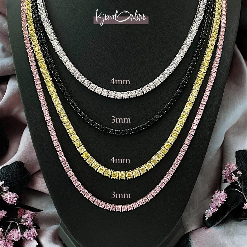 Silver CZ Tennis Chain Necklace – Silver, Black, Canary Yellow , or ...