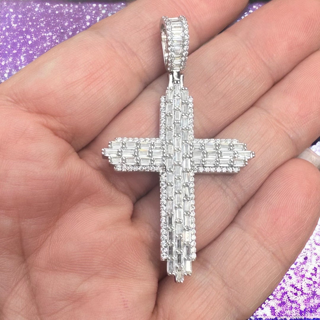 Large Chunky Baguette Cross Pendant, 925 Sterling Silver, Icy Cubic ...