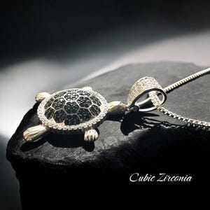 Icy CZ Turtle Pendant, 925 Sterling Silver, Black and White Sea Turtle ...