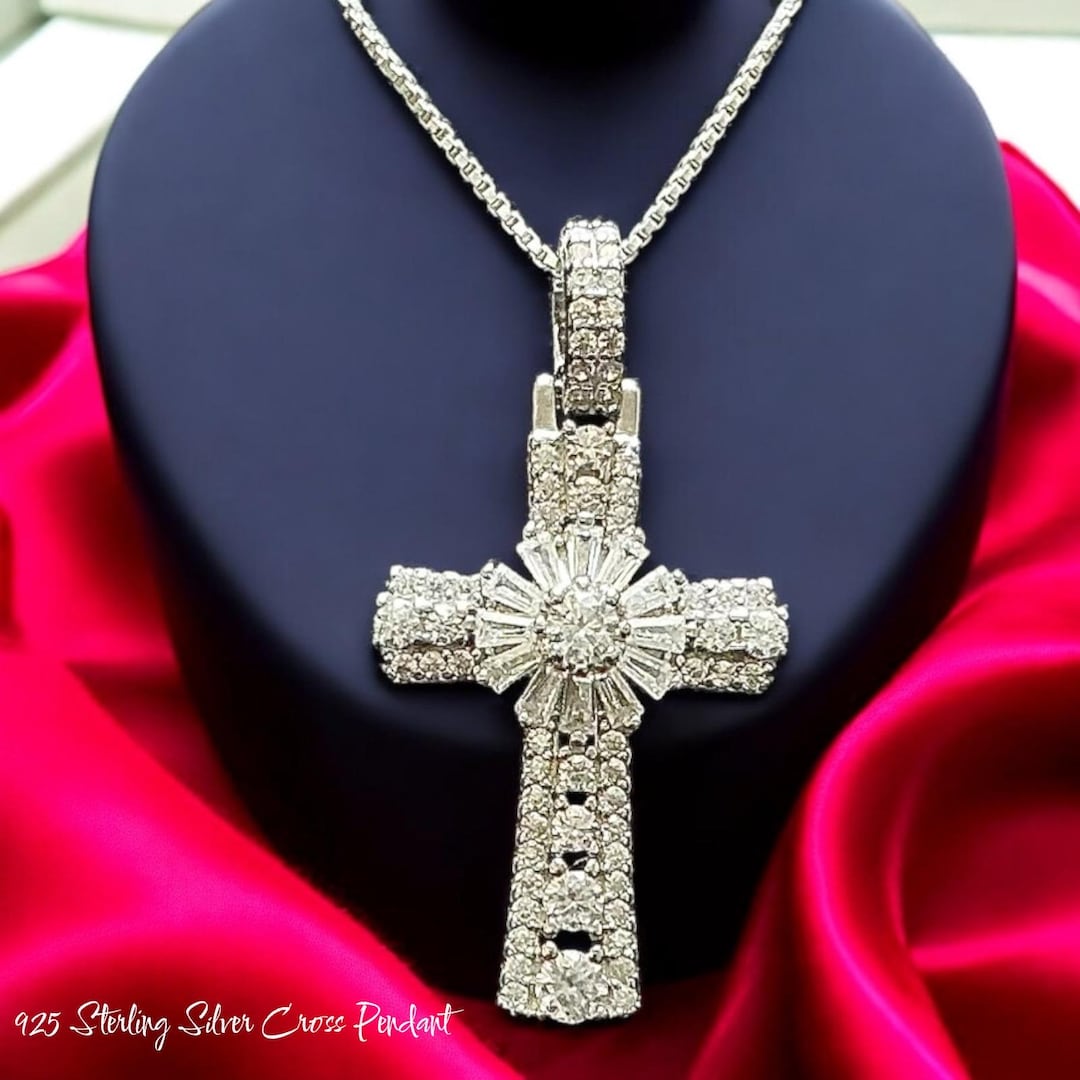 Silver Cross Pendant | Cubic Zirconia Baguette Necklace | 925 Sterling ...
