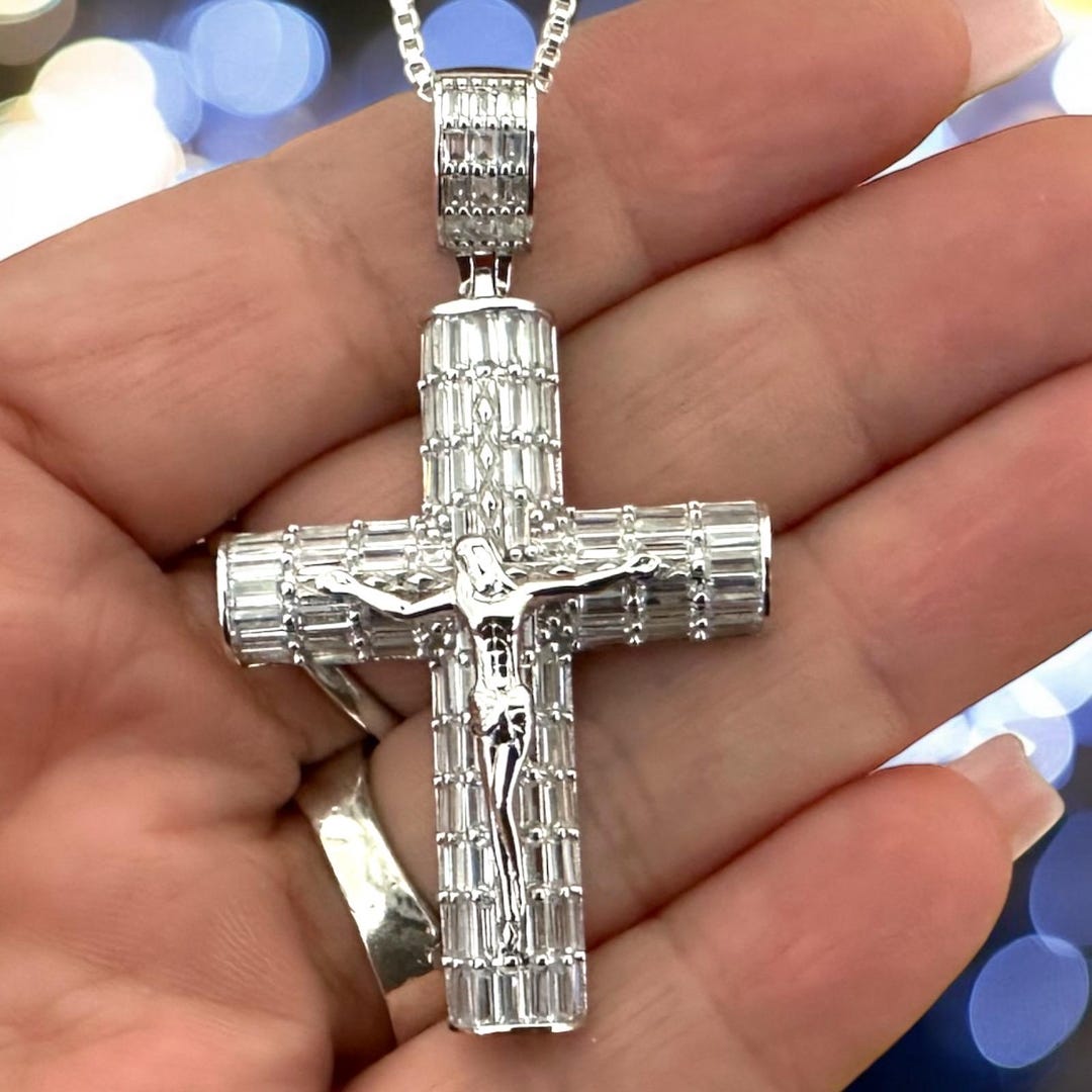 Jesus Crucifix Cross Pendant, Solid 925 Sterling Silver, Baguette Cubic ...