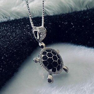 Icy CZ Turtle Pendant, 925 Sterling Silver, Black and White Sea Turtle ...