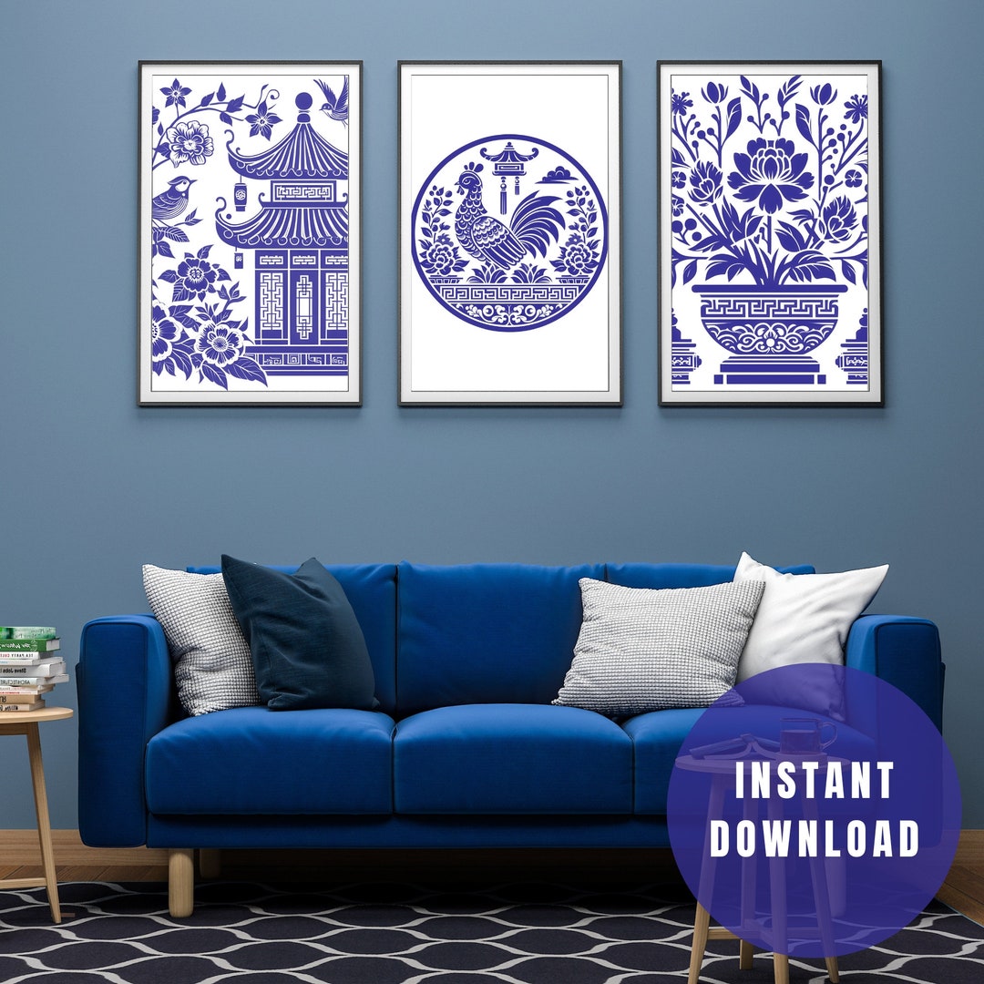 Set of 3 Blue Chinoiserie Walll Art Printable Pagoda Instant Download ...