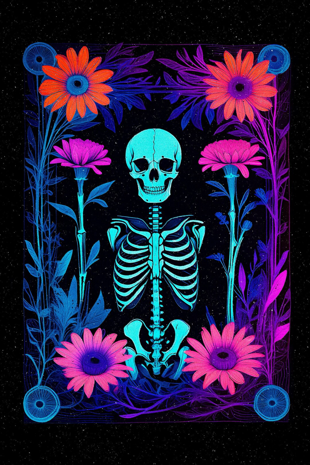 PRINT Neon Skeleton Illustration Grunge Psychedelic Colorful & Black ...