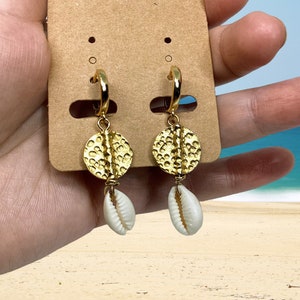 White Seashell Hammered Disc Coastal 18k Gold Plated Brass Hoop ...