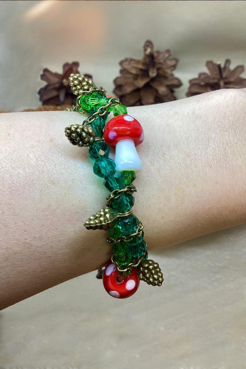 Mushroom Toadstool Pinecone Bracelet: Crystal Rondelle Beads, Antique ...