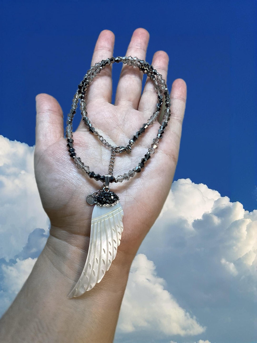 Mother of Pearl Angel Wing Necklace With Rhinestones Metallic Bead ...