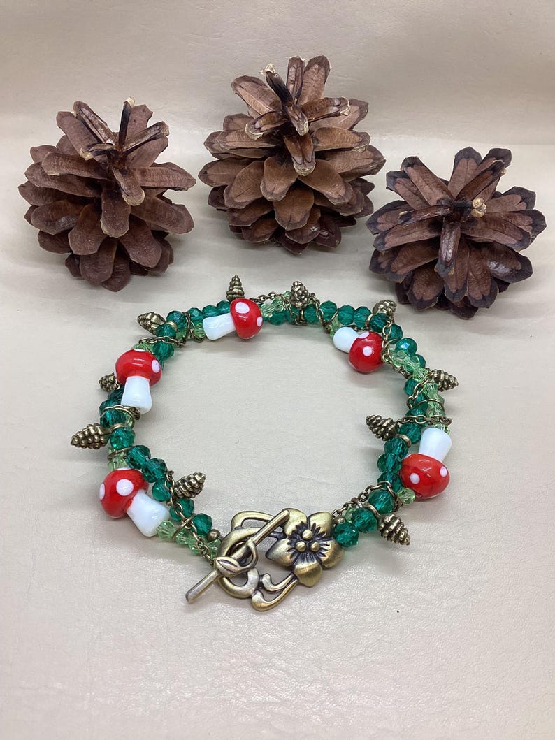 Mushroom Toadstool Pinecone Bracelet: Crystal Rondelle Beads, Antique ...