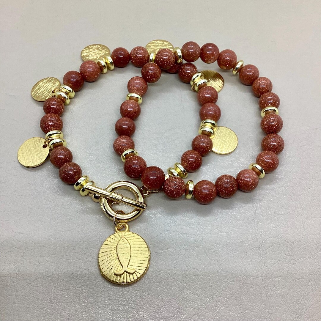 Sandstone Beaded Bracelet Set Gold Coin Fish Charm Brushed Disc ...
