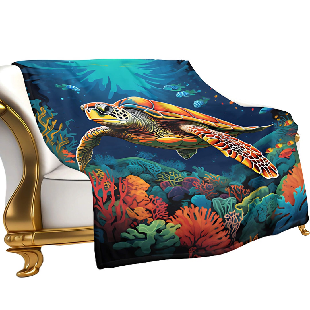 Colorful Sea Turtle Throw Blanket, Vibrant Color Sea Life & Coral Throw ...