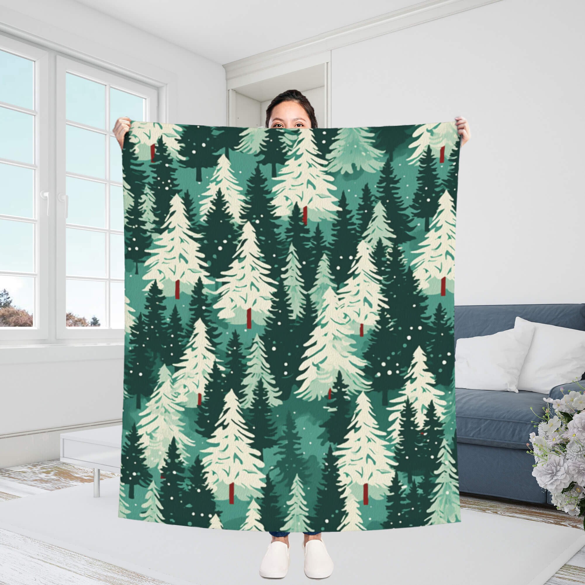 Green Pine Trees Throw Blanket, Watercolor Forest Throw Blanket ...