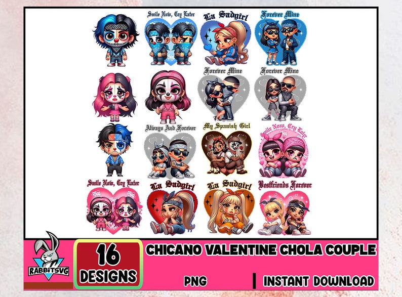 10 Chicano Valentine Chola Couple Png Bundle, Pink Chicana Valentine ...