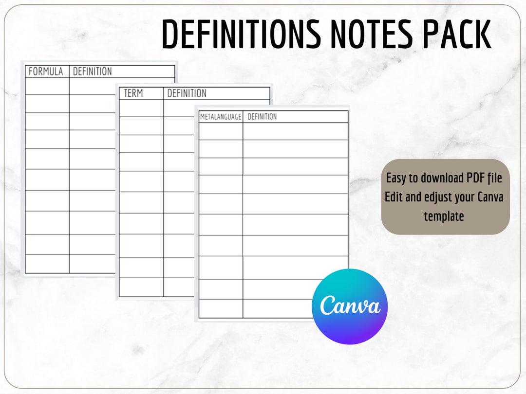 Definitions Summary Sheet Bundle, Digital Note Taking, Printable ...
