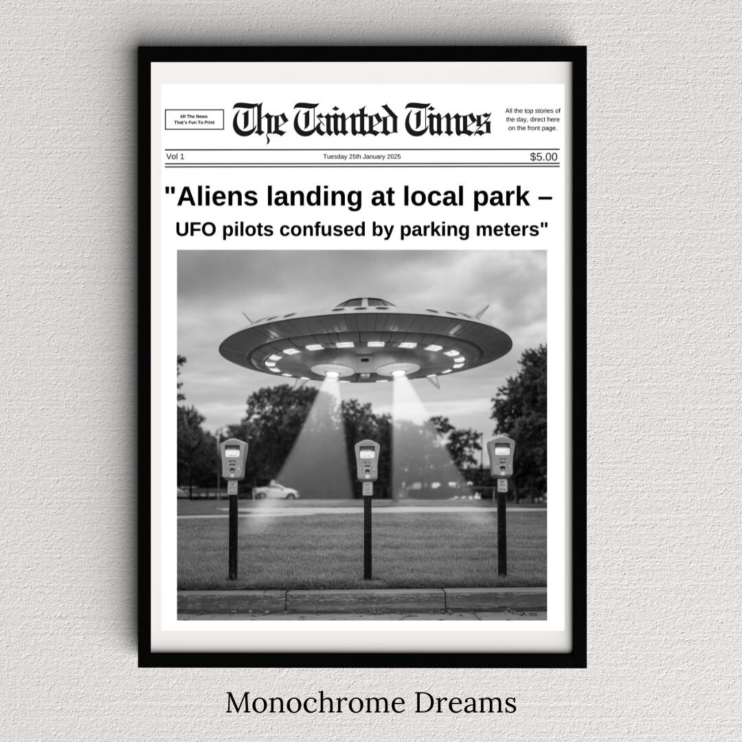 Humorous UFO Parking Meters Black and White Wall Art for Commercial Use ...