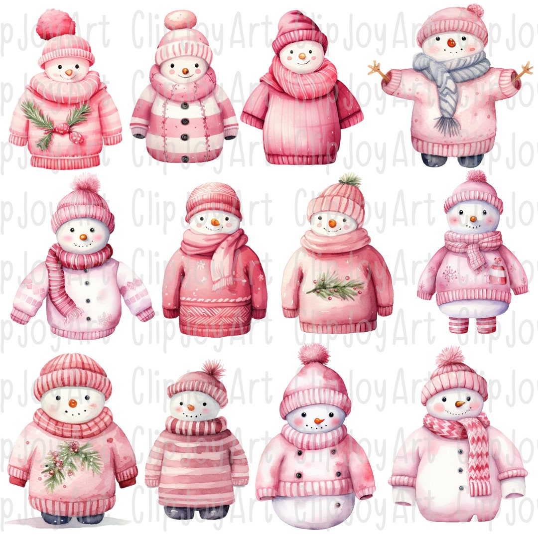 Clipjoyart Pink Snowwoman Snowman Wearing Christmas Sweaters Clip Art ...
