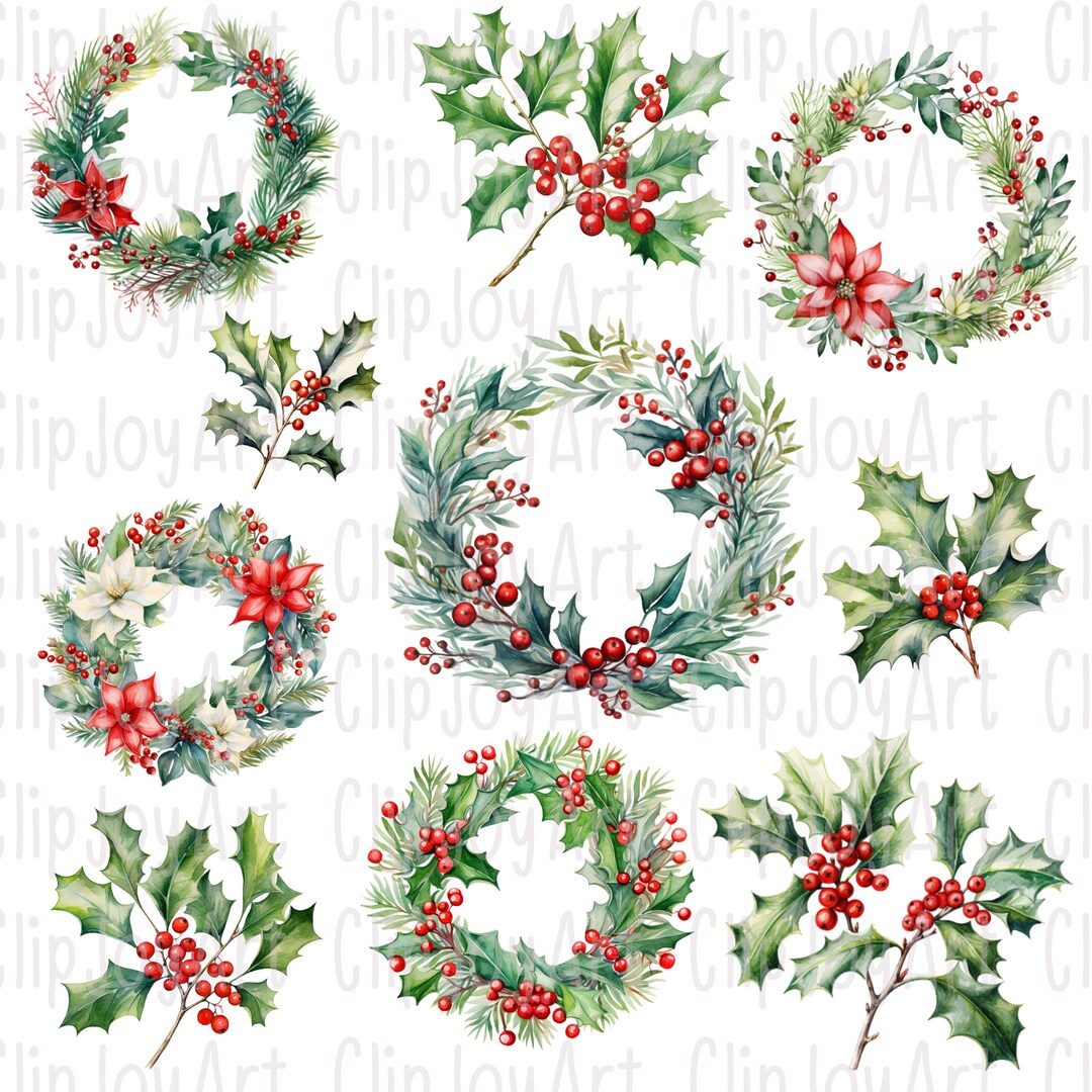 Clipjoyart Holiday Christmas Wreaths Holly Poinsettia Watercolor Clip ...