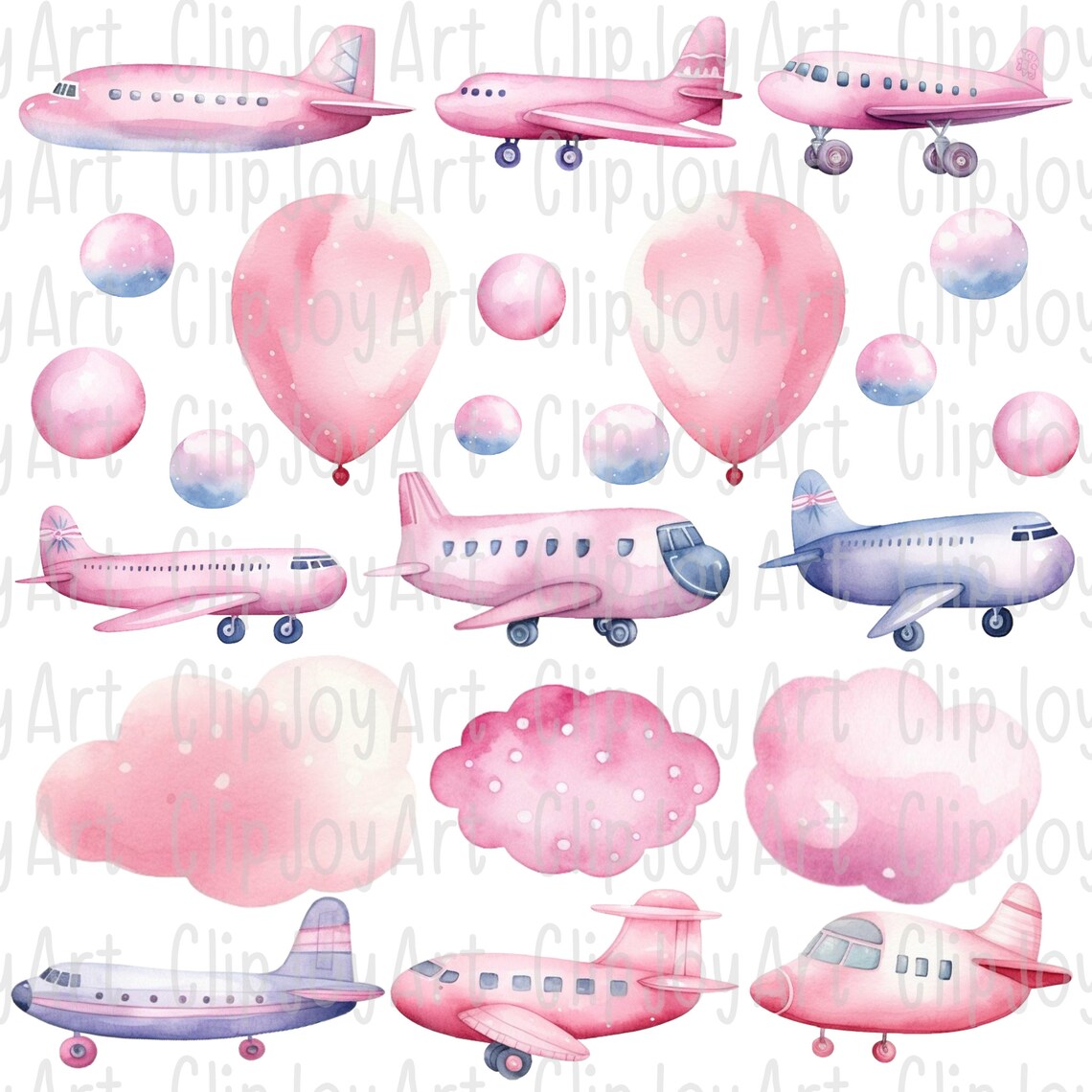 Clipjoyart Pink Airplanes Watercolor Clip Art Pink Clouds Transparent ...