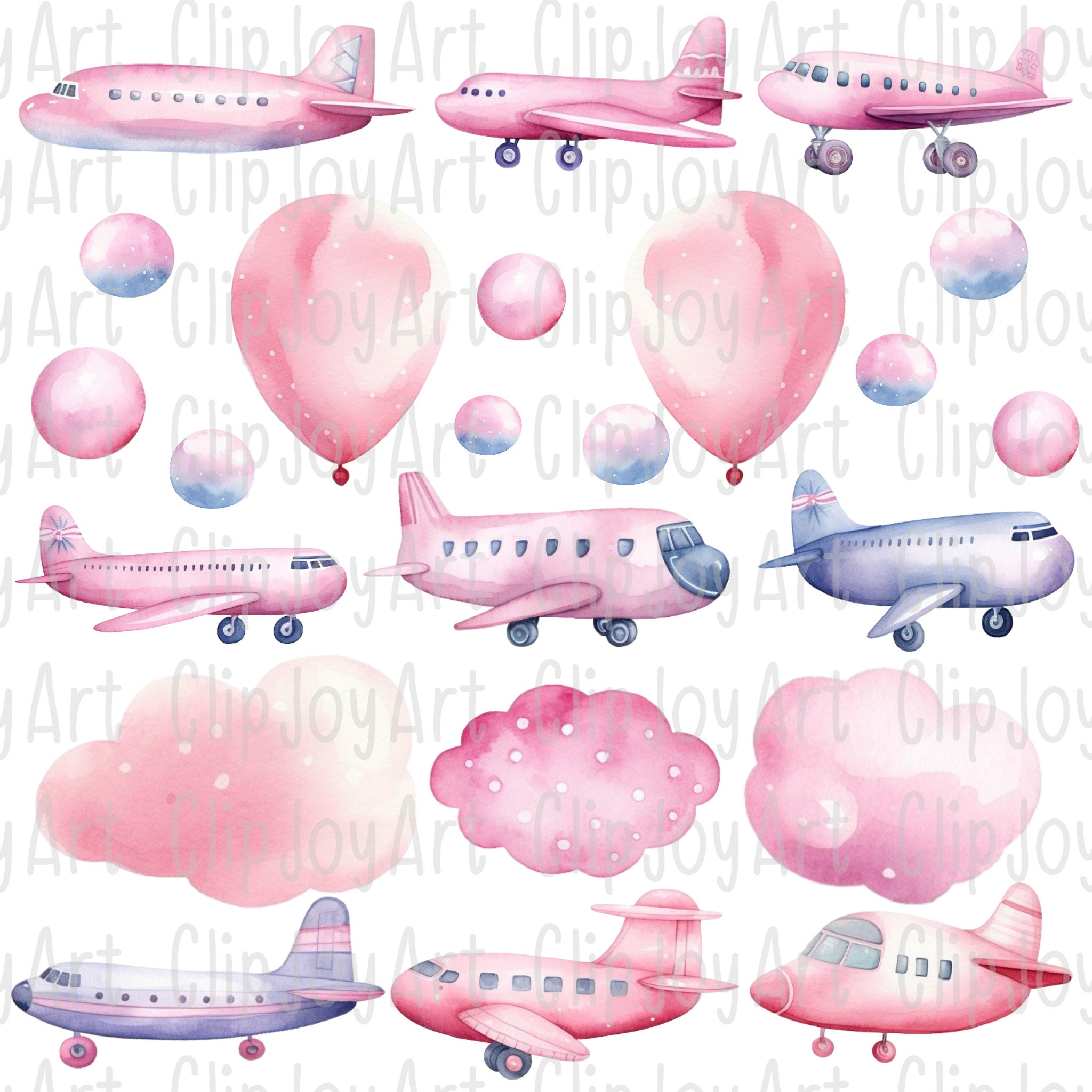 Clipjoyart Pink Airplanes Watercolor Clip Art Pink Clouds Transparent ...