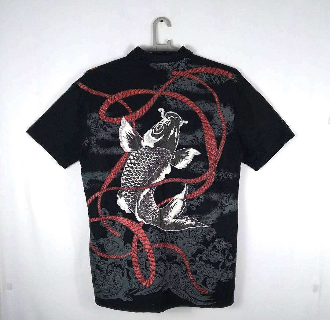 Vintage Traditional Japanese Embroidered Fish Koi Big Logo Hit Collared ...