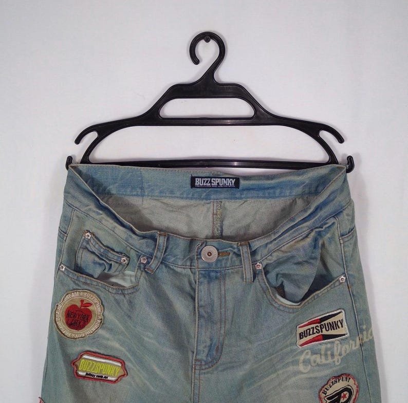 Vintage Buzzspunky Multiple Patchworks Stoned Washed Punk Rock Styles Denim Jeans in Blue Wash ...