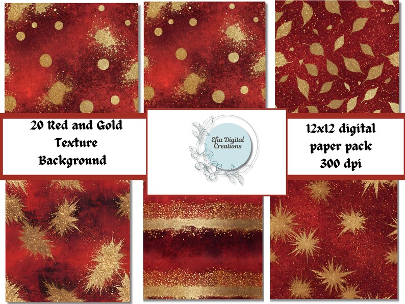 Red and Gold Texture Digital Paper Pack | 20 Luxurious 12x12 Designs ...