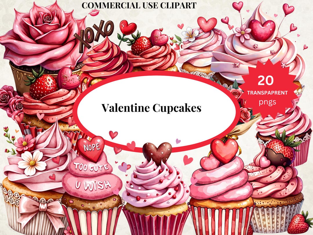 Valentine's Day Cupcakes Clipart Pack, Sweet Digital PNG Bundle With ...
