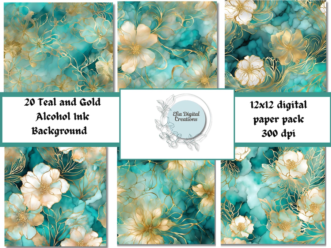Teal and Gold Alcohol Ink Digital Paper Pack | 20 Floral 12x12 ...