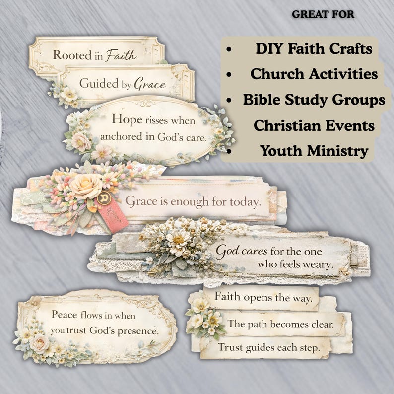 Peaceful Scripture Ephemera Vintage Floral Christian Quote Strips PDF ...