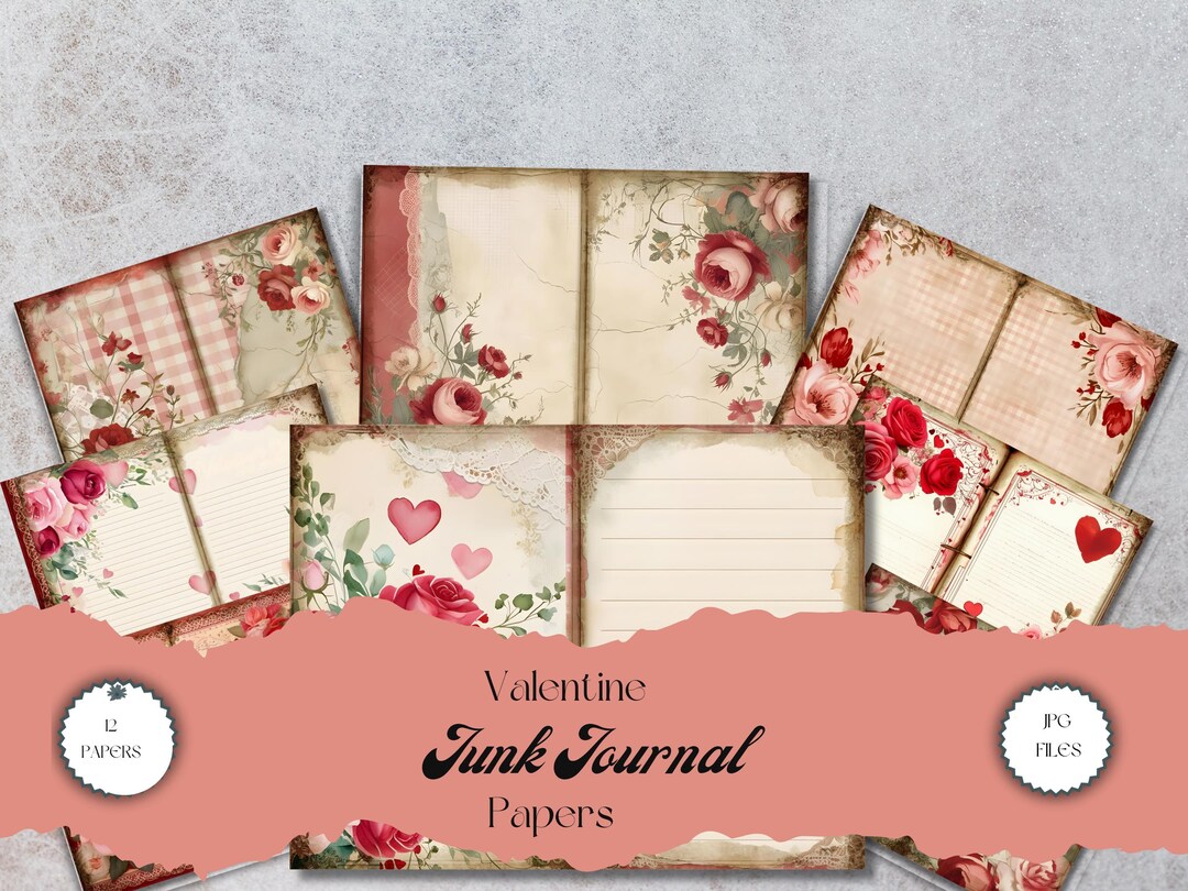 12 Valentine Junk Journal Papers - Vintage Floral Scrapbook Digital ...