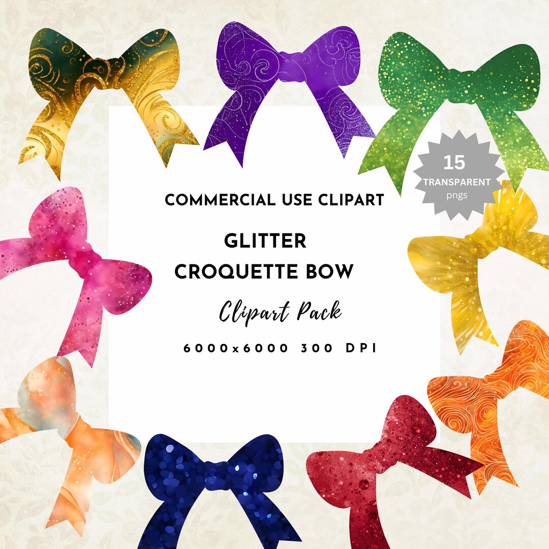 Glitter Croquette Bow Clipart | 15 Mixed Colors PNG | Digital Ribbon ...