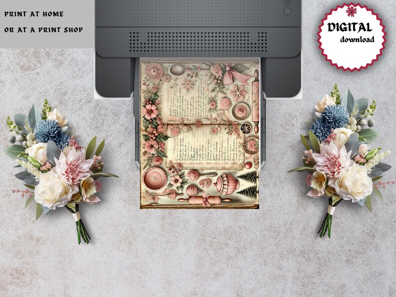 10 Pink Christmas Recipe Papers, Vintage Holiday Baking Digital ...