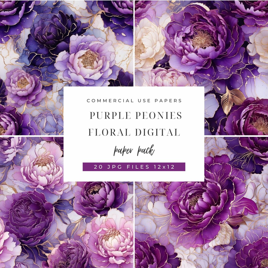 Purple Floral Digital Paper - 20 Jpgs | 12x12" Peony Paper Set | Gold ...