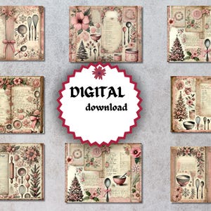 10 Pink Christmas Recipe Papers, Vintage Holiday Baking Digital ...