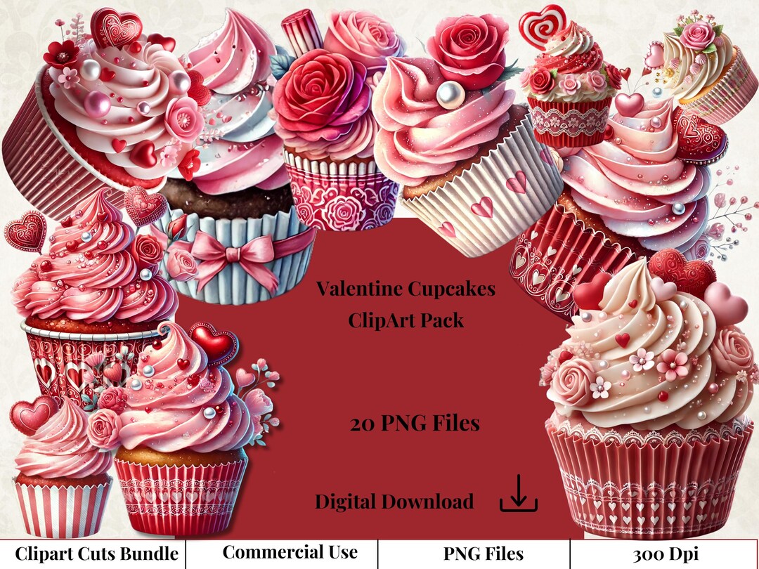 Valentine Cupcake Clipart Pack 20 PNG Files, Digital Download ...