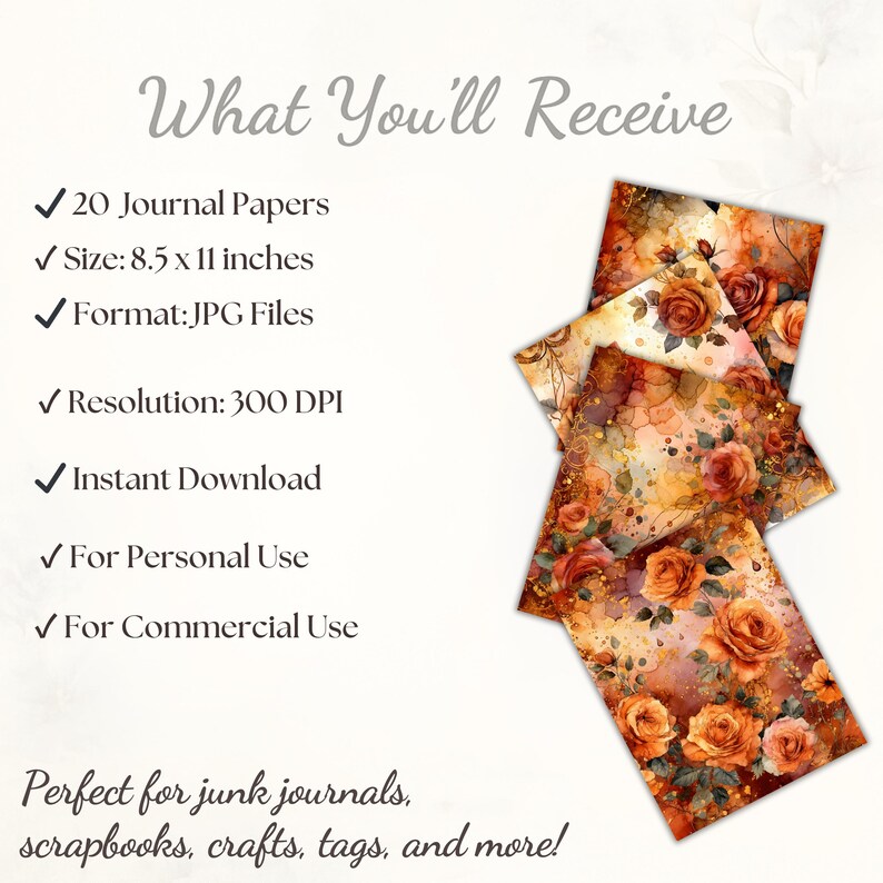 Rust & Gold Floral Digital Paper – 20 Autumn Rose Designs, 8.5x11", 300 ...