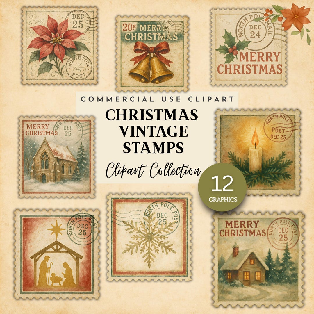 Vintage Christmas Stamp Clipart Collection With 12 Retro Holiday ...