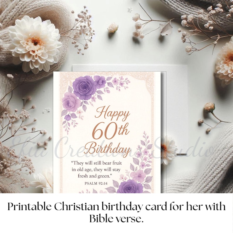 60th Birthday Christian Card for Her | Purple Floral Design With Psalm ...