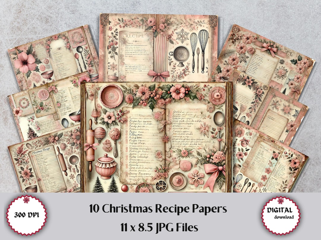 10 Pink Christmas Recipe Papers, Vintage Holiday Baking Digital ...