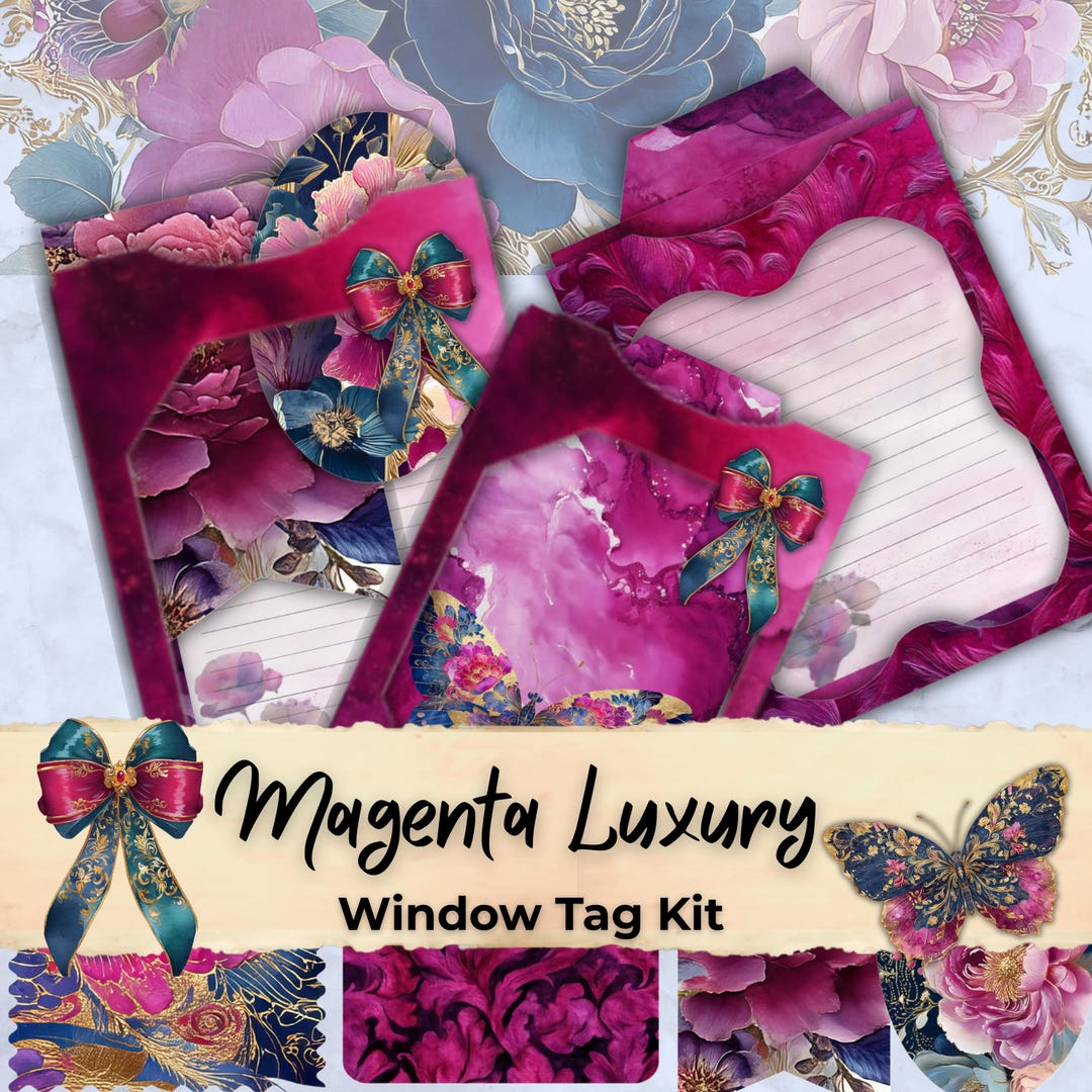 Magenta Window Tag Kit, Printable Junk Journal Ephemera, Floral Pockets ...