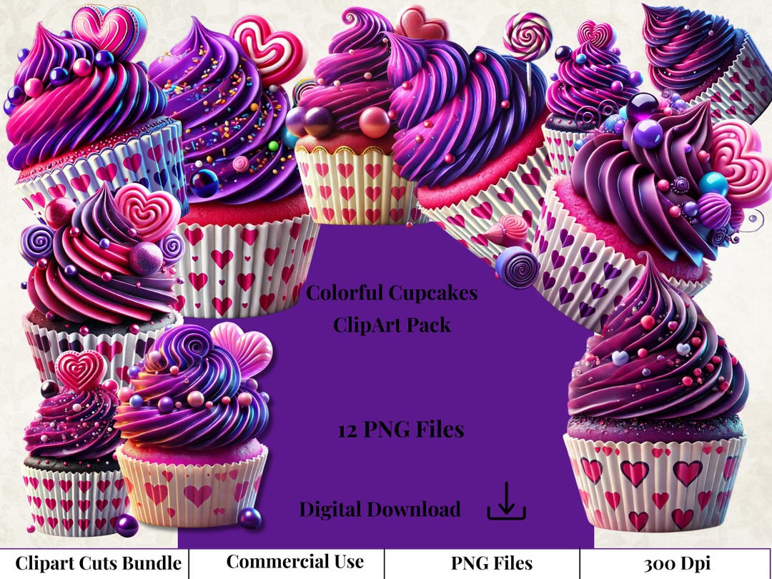 Cute Colorful Cupcake Clipart Set - 12 PNG Digital Files, Adorable ...